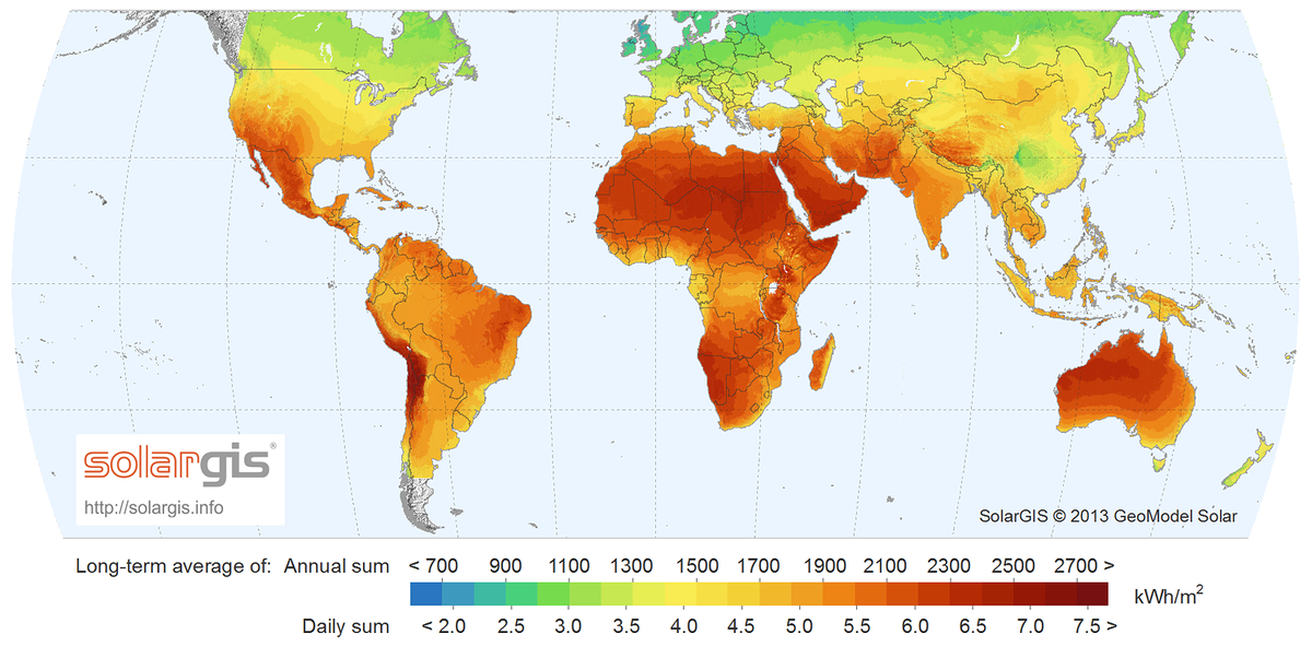 Carte de la irradiation solaire dans le Monde – Atlas de la cuisine solaire